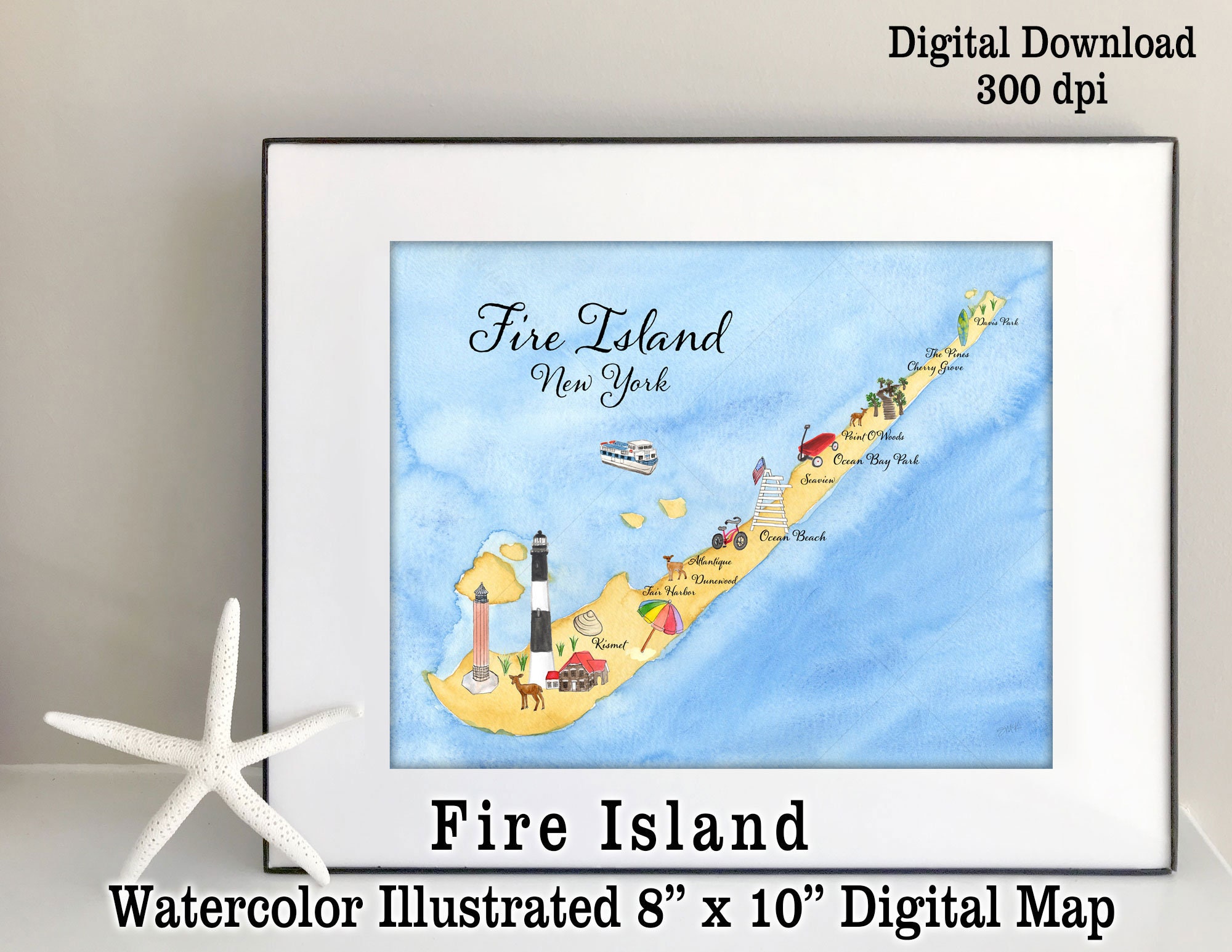 Fire Island Map Watercolor Illustrated Map Long Island Beach NY | 8" X ...