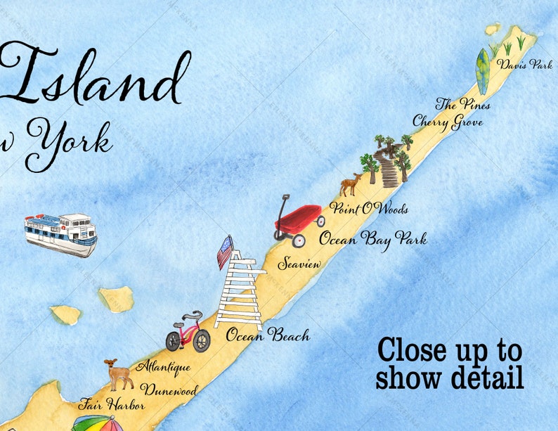 Fire Island Map Watercolor Illustrated Map Long Island Beach NY | 8" X ...