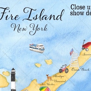 Fire Island Map Watercolor Illustrated Map Long Island Beach NY | 8" X ...