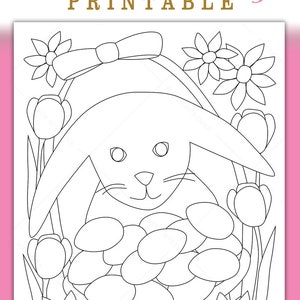 Easter Coloring Page Printable Bunny With Basket Eggs Spring Flowers ...