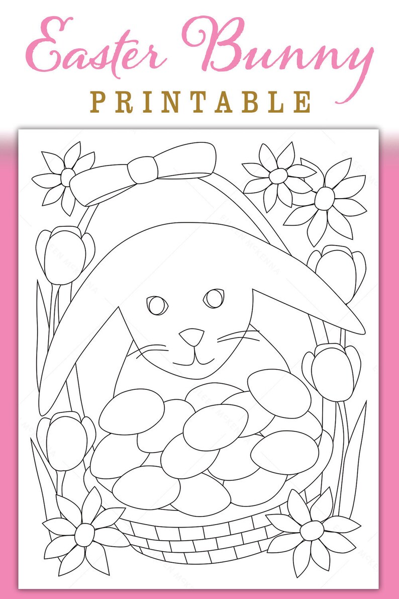 Easter Coloring Page Printable Bunny With Basket Eggs Spring Flowers ...