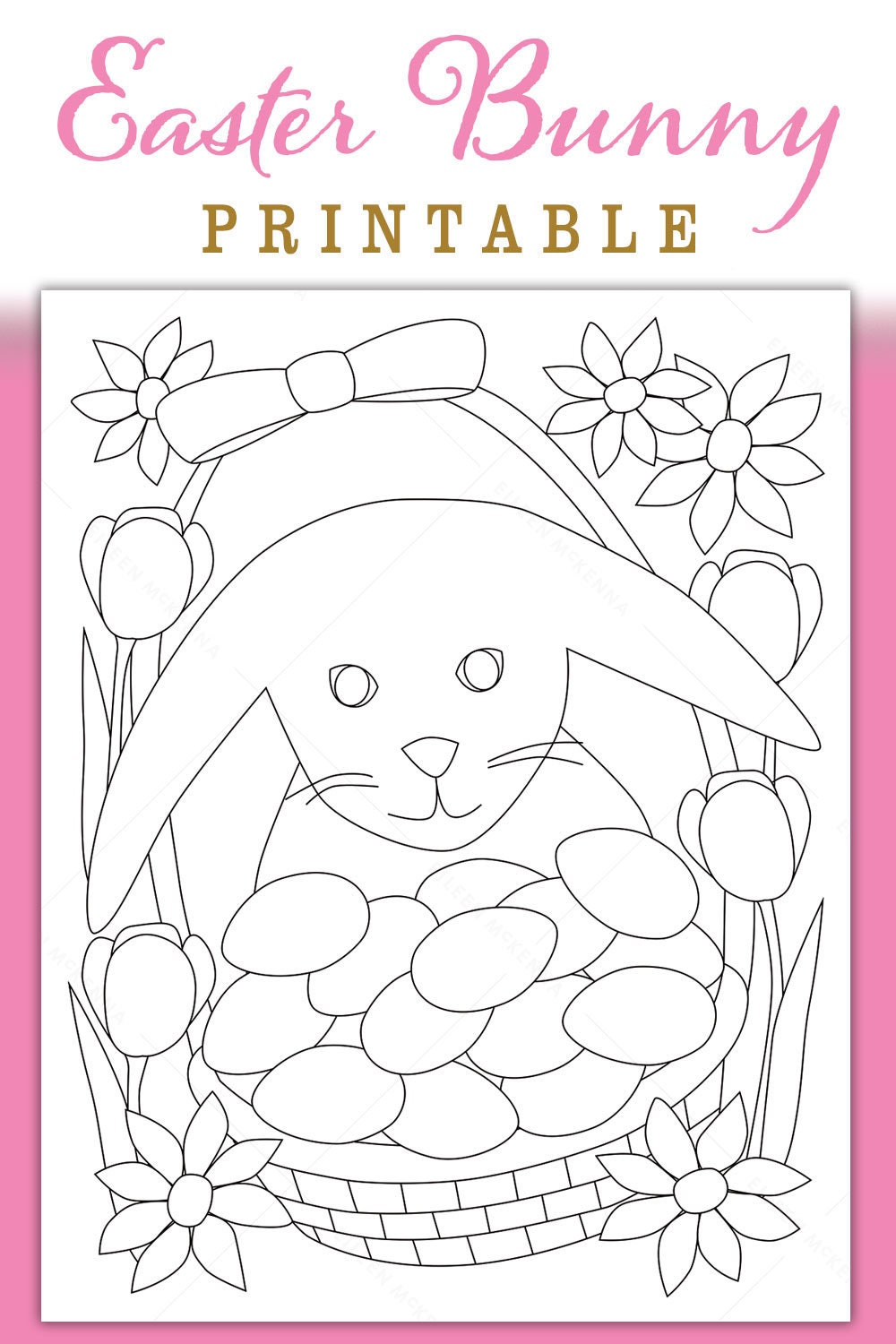 Easter Coloring Page Printable Bunny With Basket Eggs Spring Flowers ...