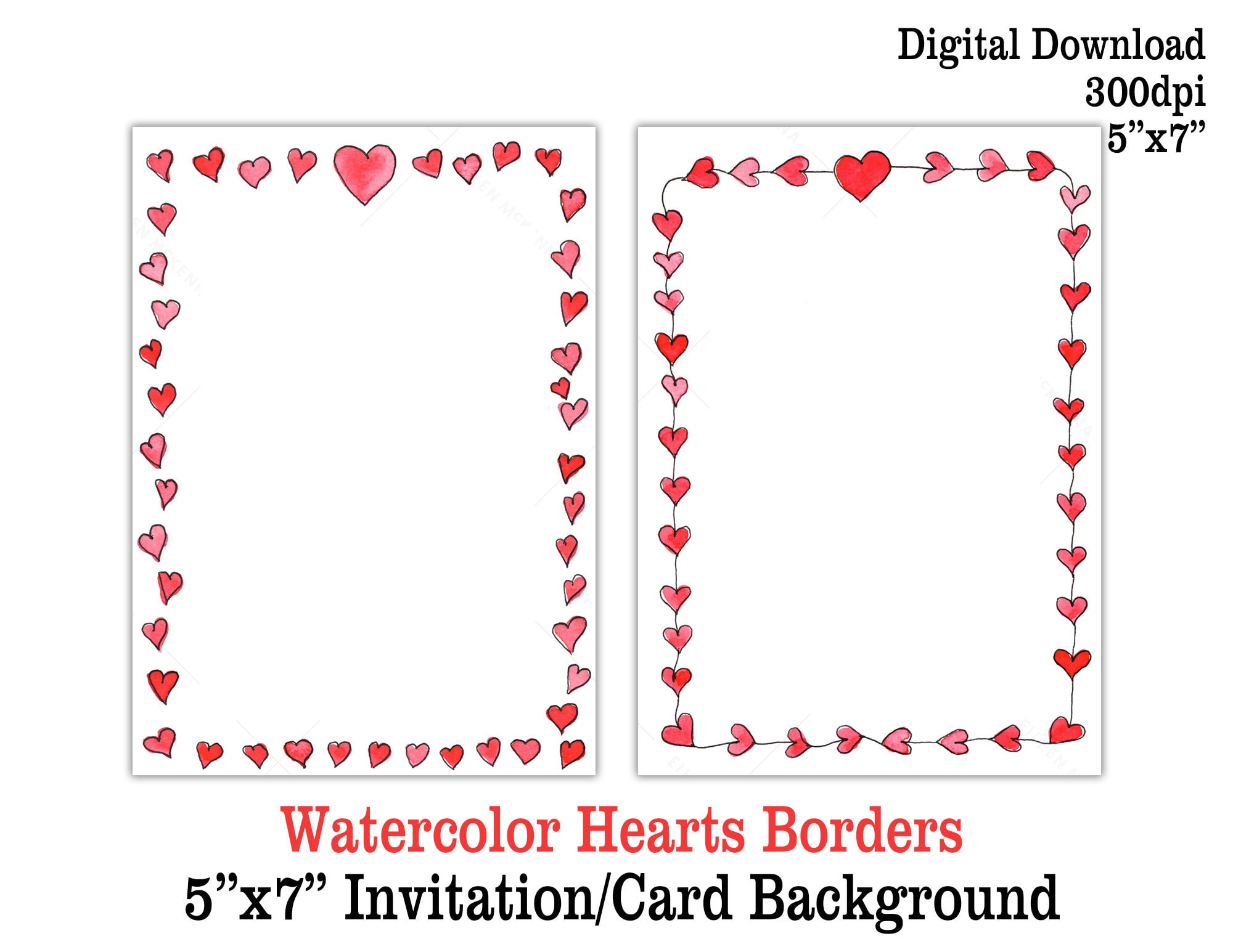Printable Valentine's Day Watercolor Hearts 5" X 7" Card Border Digital ...
