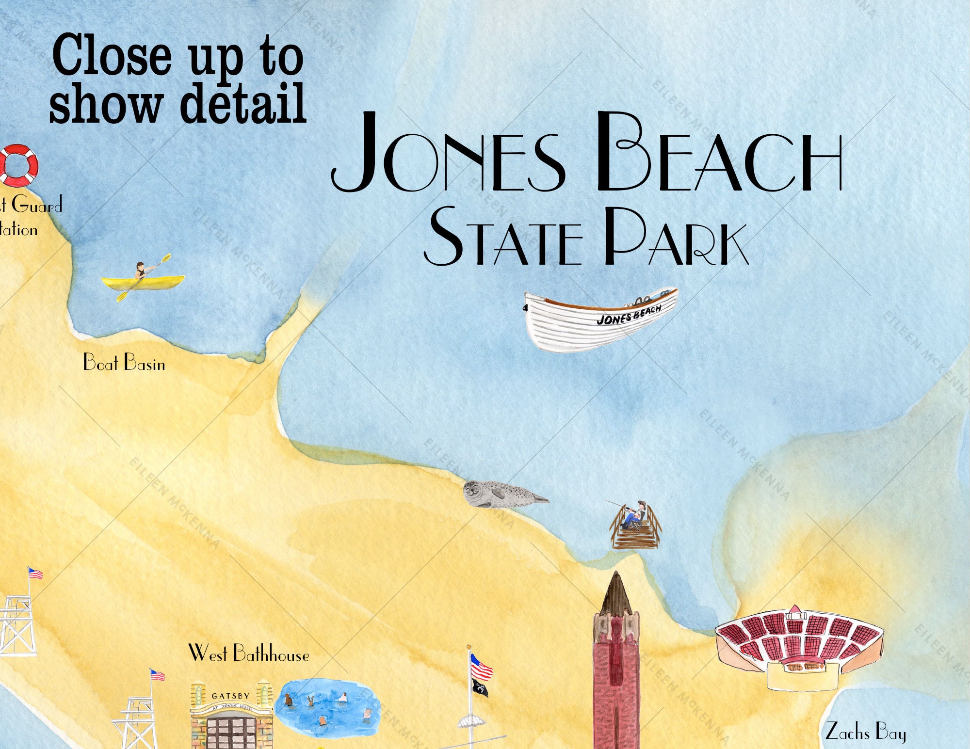 Jones Beach Map Watercolor Illustrated Map Long Island Beach NY | 8" X ...