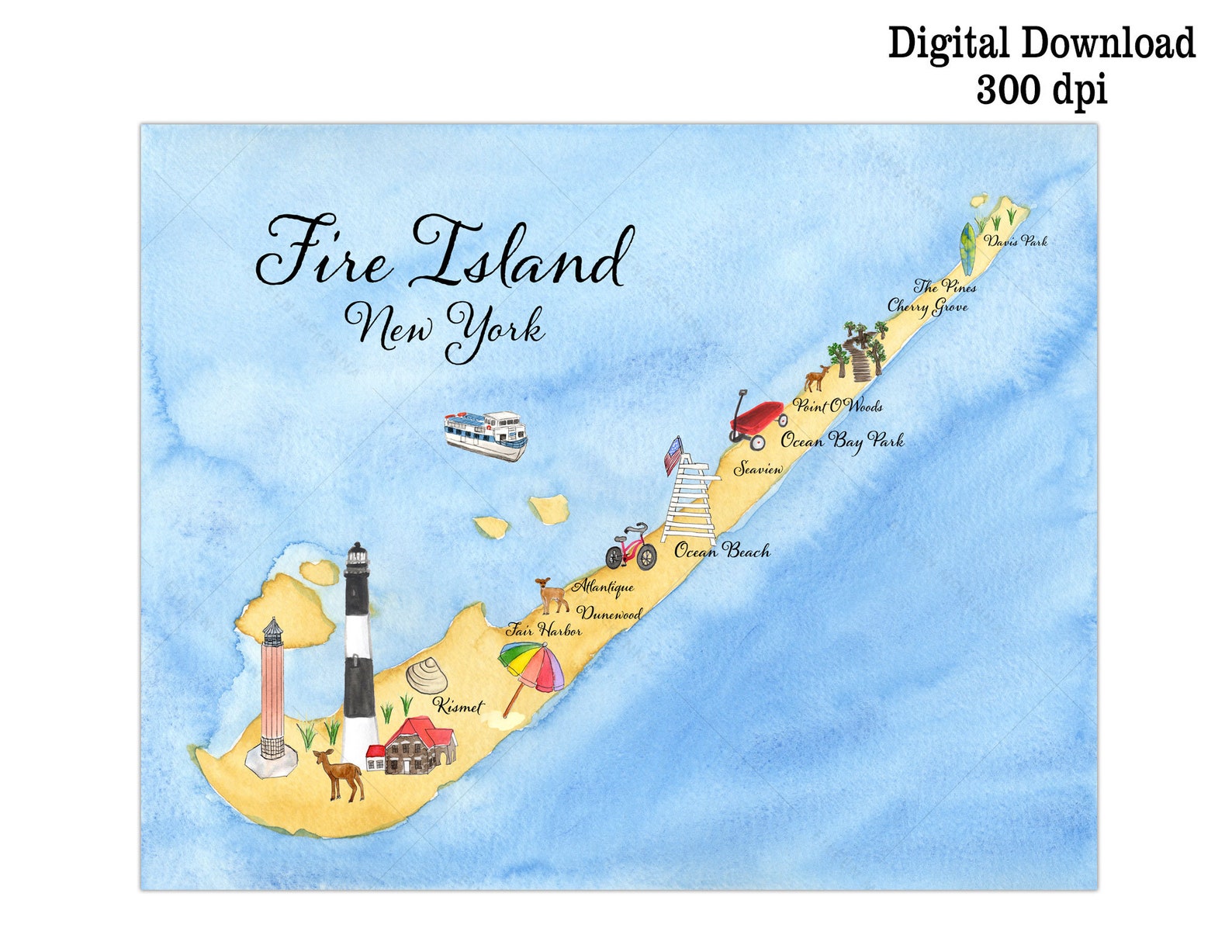 Fire Island Map Watercolor Illustrated Map Long Island Beach NY | 8" X ...