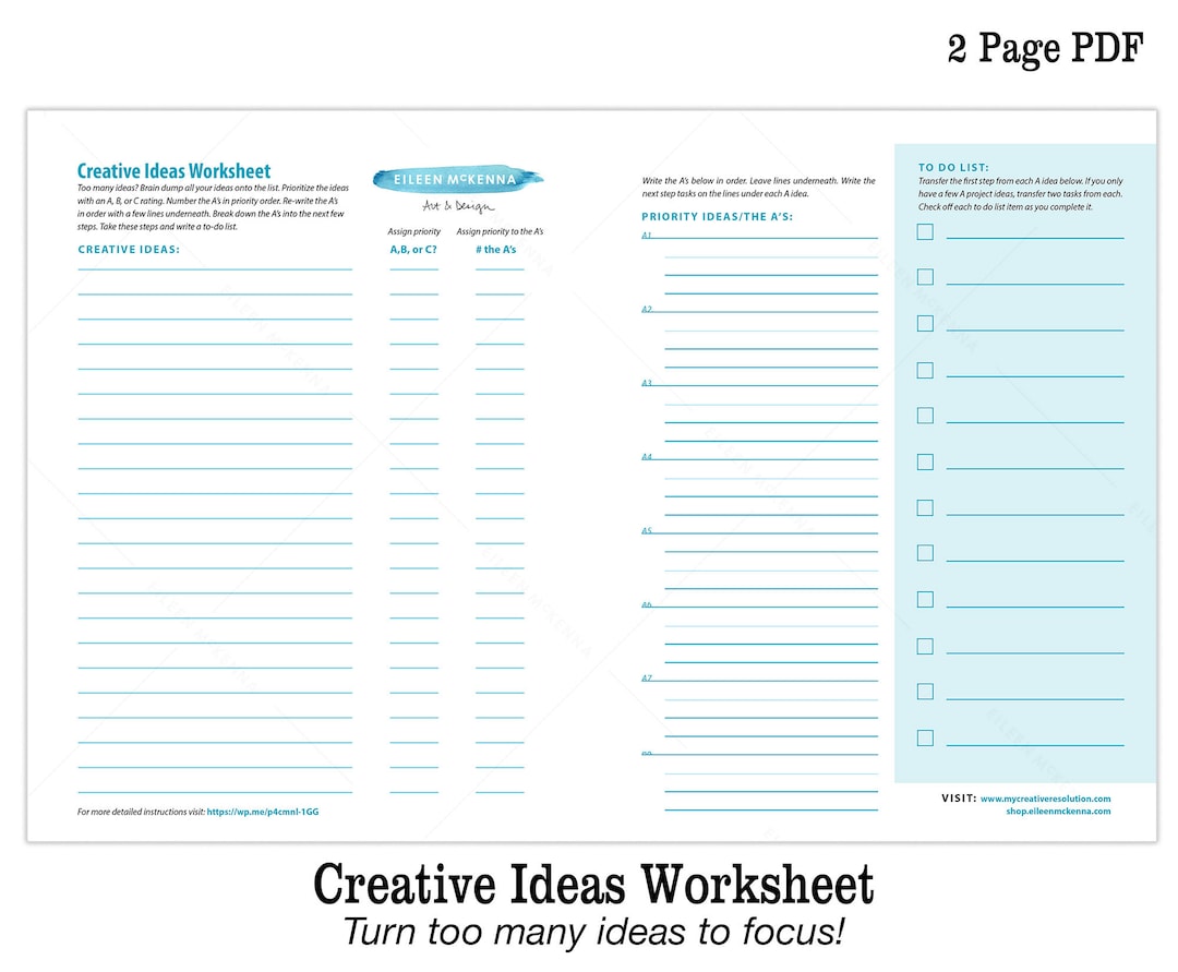 Creative Ideas Printable Worksheet | How to Focus With Too Many Ideas ...