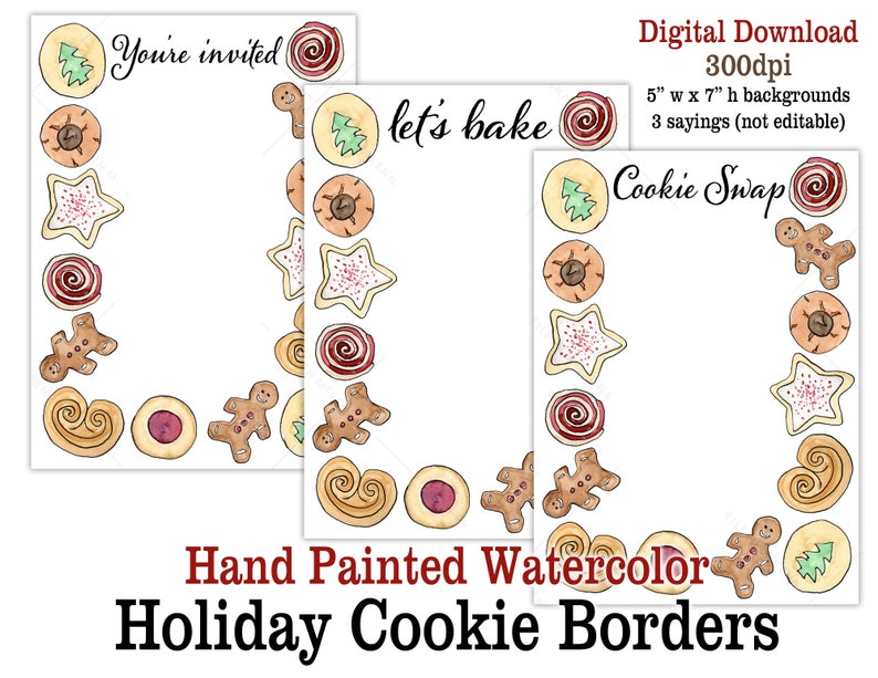 Christmas Cookie Printable Card Watercolor Holiday Baking Cookie Border ...