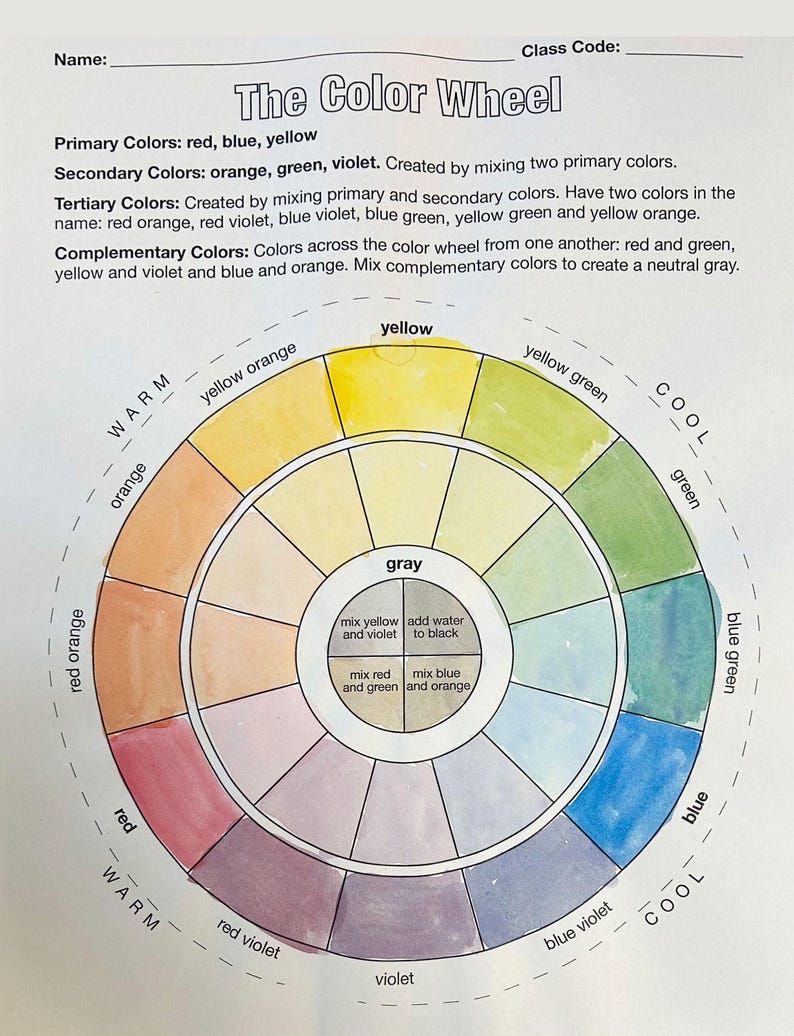 Printable Color Wheel Color Mixing Lesson Worksheet Kids Art Class ...