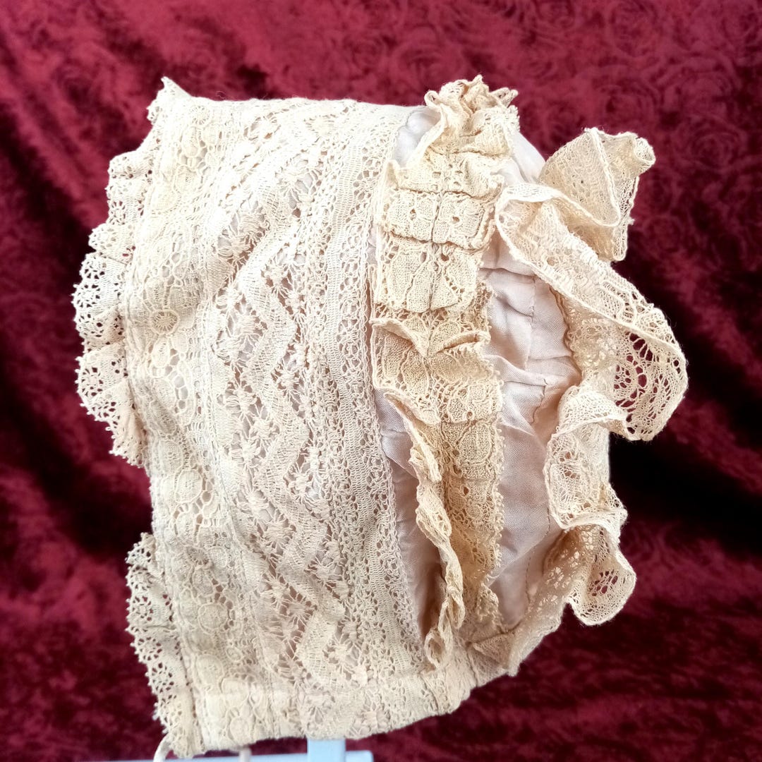 Bonnet for Antique or Vintage Doll, Beige Cream Silk and Lace Baby ...