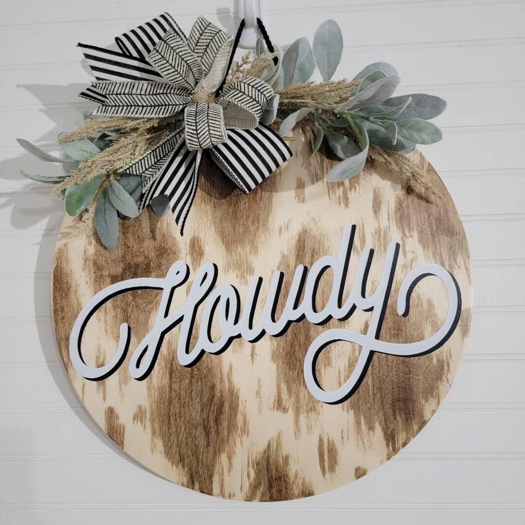 HOWDY. Cowhide Cowprint Country Wooden Floral Farmhouse Decor Porch ...