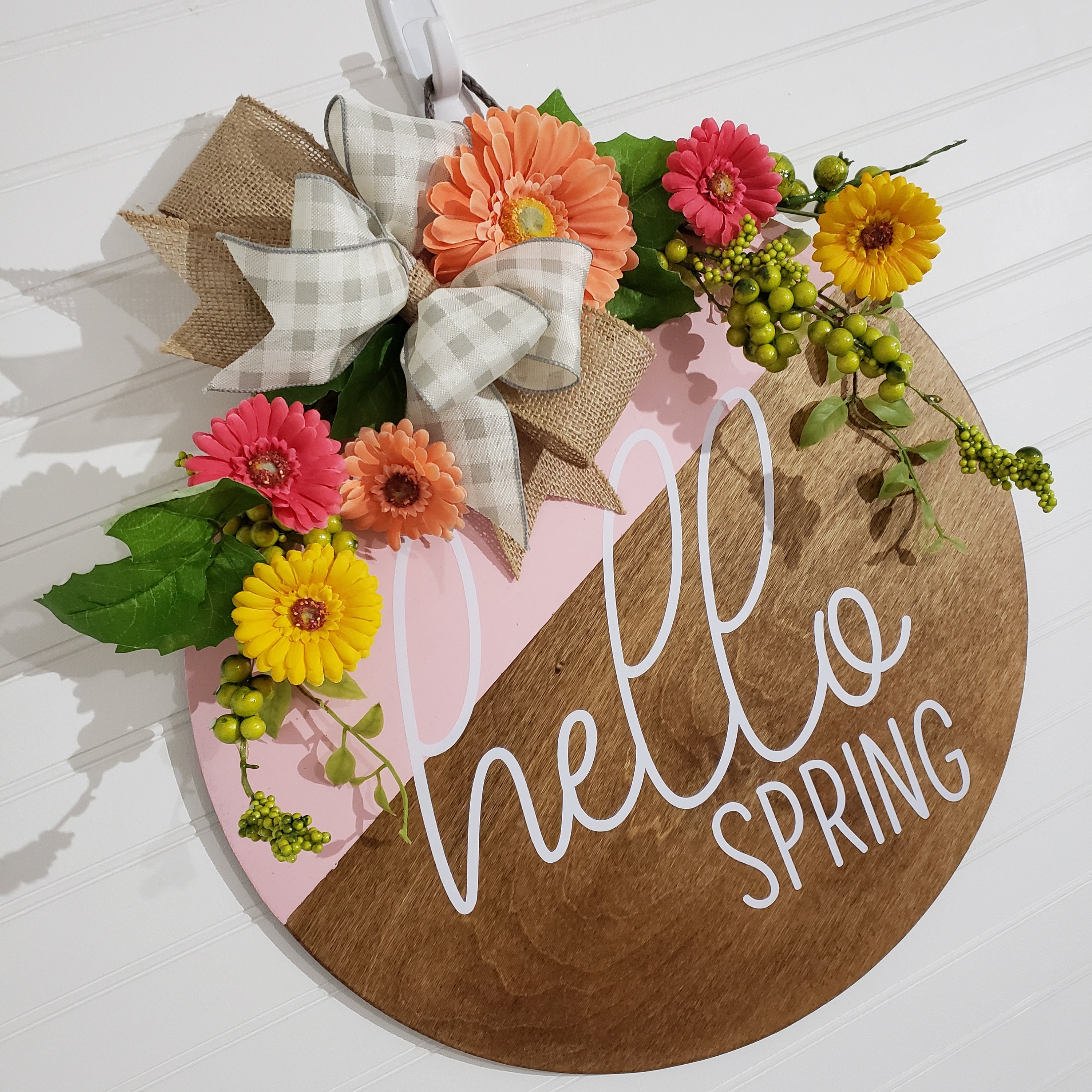 HELLO SPRING. Pink Wooden Floral Farmhouse Decor Porch Door | Etsy