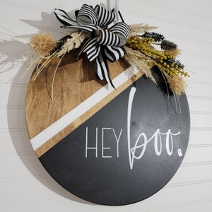 HEY BOO. Fall Black Wooden Floral Farmhouse Halloween Spooky Ghost ...