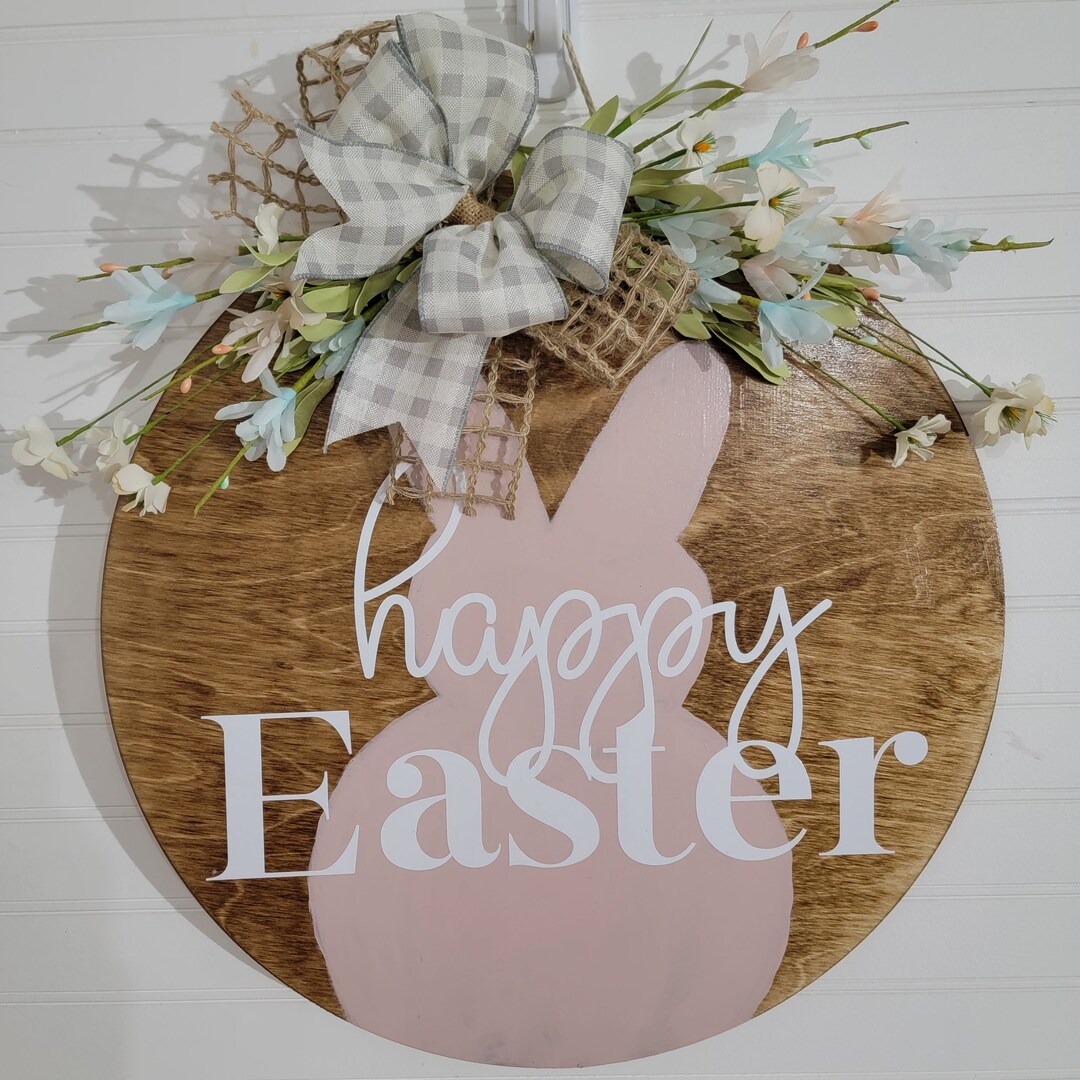 HAPPY EASTER. Pink Bunny Pastel Wooden Floral Spring Decor Porch Door ...