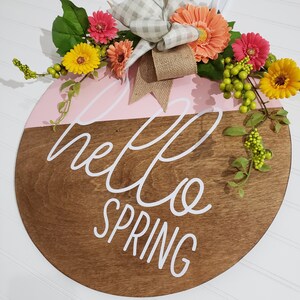 HELLO SPRING. Pink Wooden Floral Farmhouse Decor Porch Door Hanger Sign ...