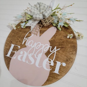 HAPPY EASTER. Pink Bunny Pastel Wooden Floral Spring Decor Porch Door ...