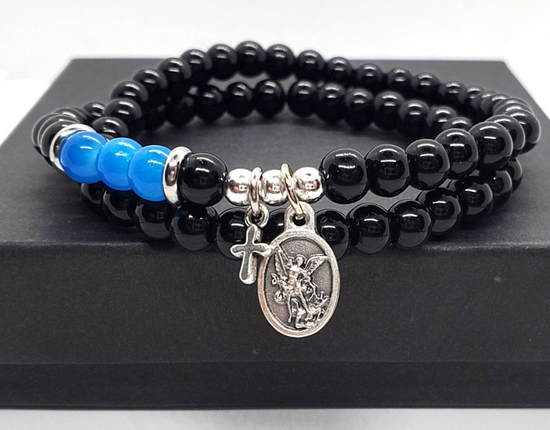 St. Michael Thin Blue Line Bracelet: Onyx Bead Police Officer Gift - Etsy