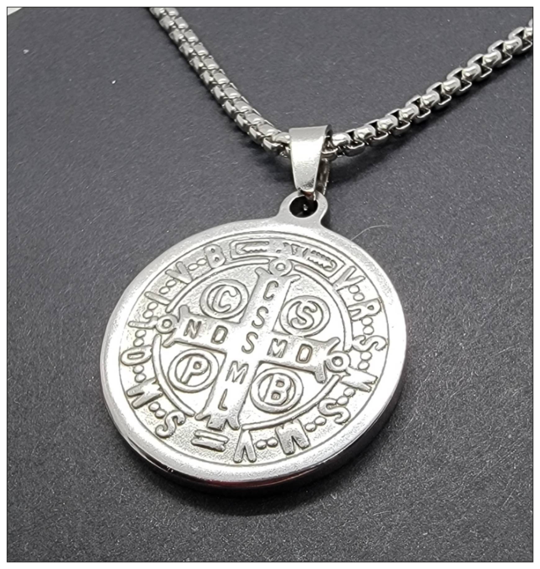Saint Benedict Coin Pendant: Stainless Steel Box Chain Medallion - Etsy