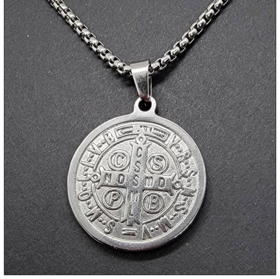 Saint Benedict Coin Pendant Stainless Steel Box Chain. Silver Religious ...