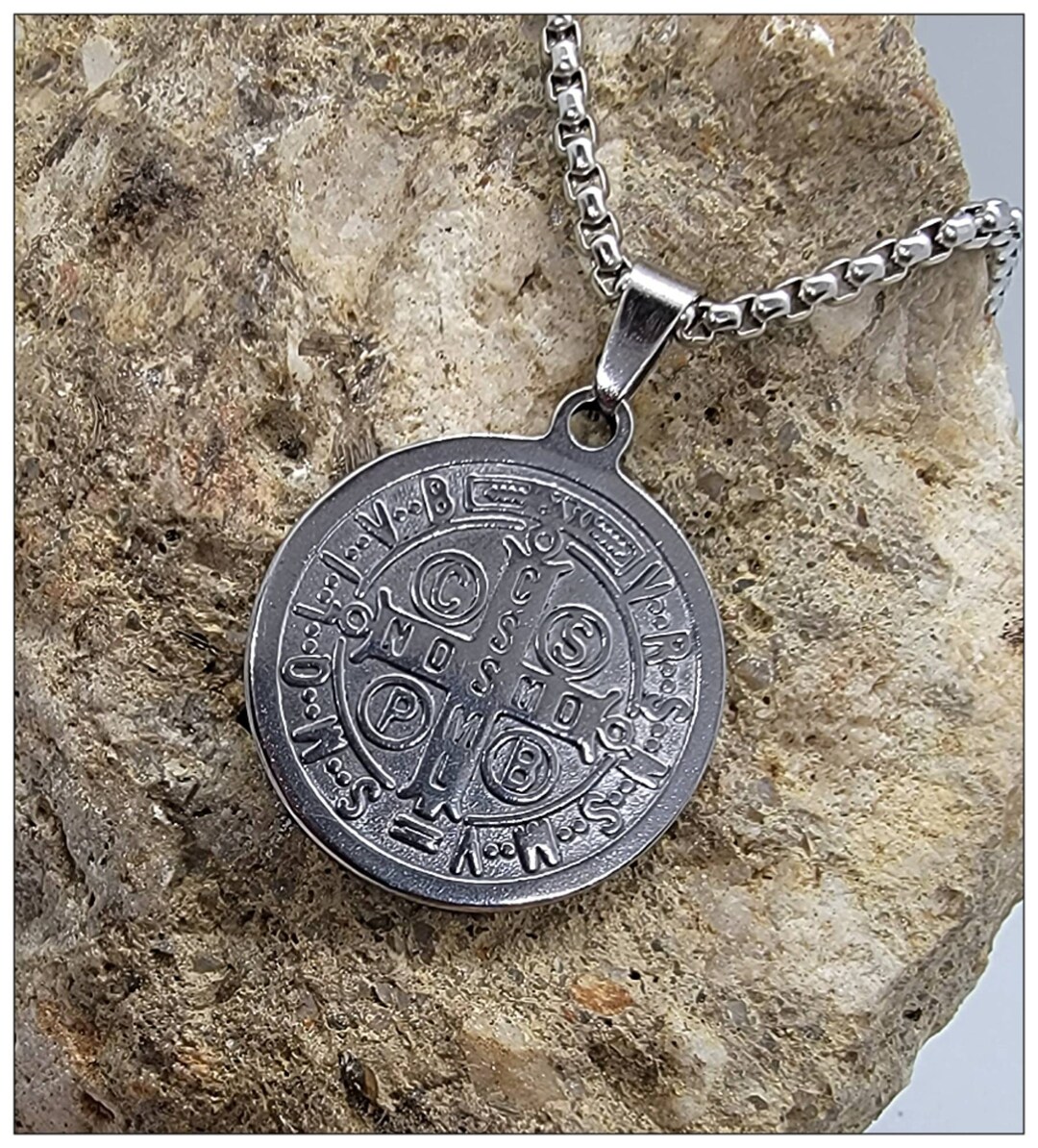 Saint Benedict Coin Pendant Stainless Steel Box Chain. Silver - Etsy