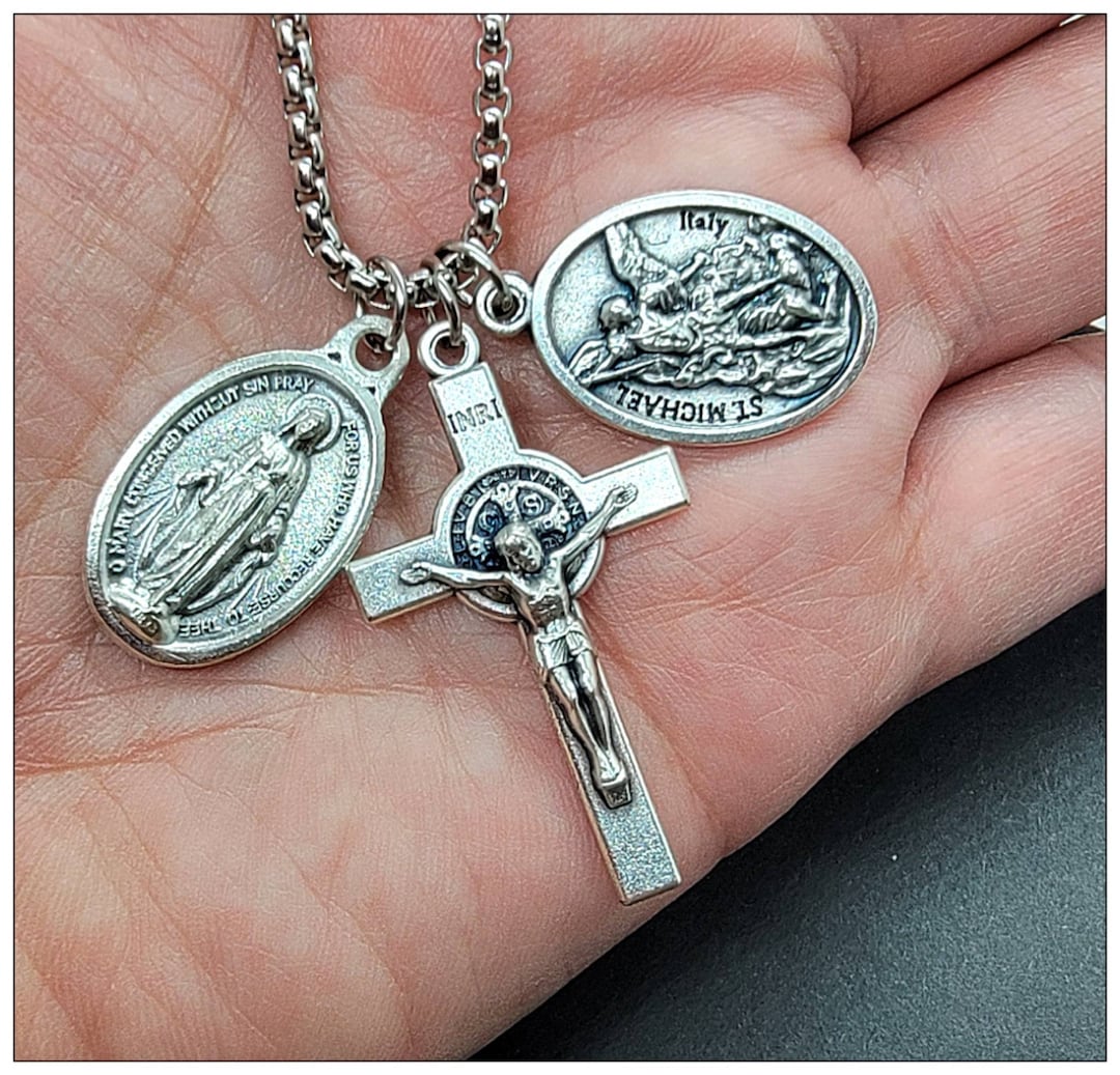 Triple Saint Protection Charm Necklace, St. Benedict, Miraculous Medal ...