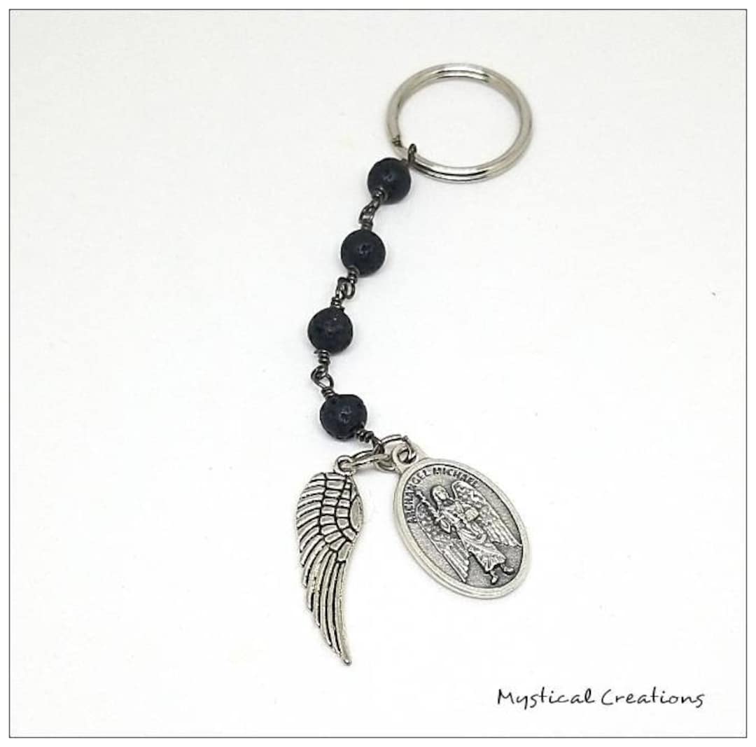 St. Michael Keychain: Catholic Archangel, Lava Rock & Angel Wing - Etsy