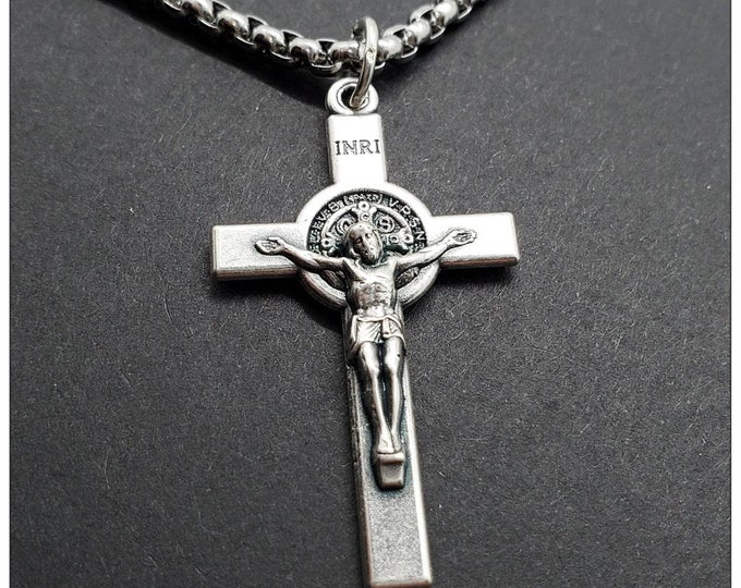 Stainless Steel St Benedict Charm Chain Cross Necklace Catholic Saint ...
