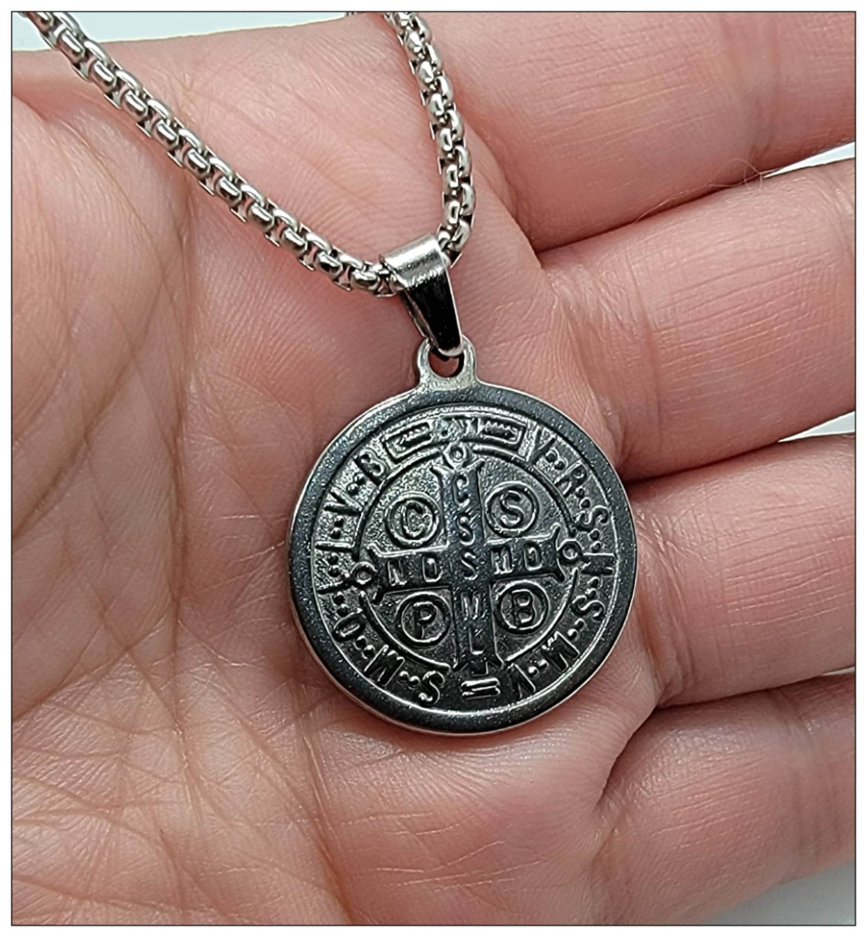 Saint Benedict Coin Pendant: Stainless Steel Box Chain Medallion - Etsy