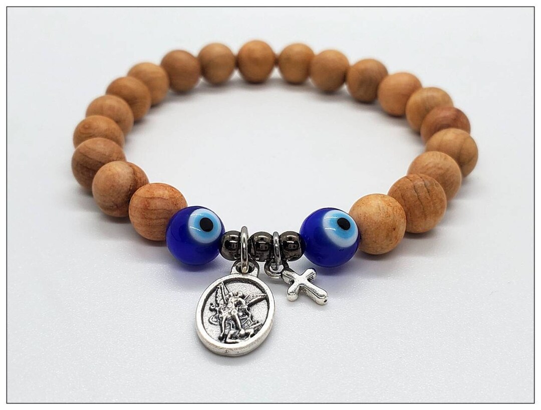Saint Michael Evil Eye Bracelet: Wood Bead Catholic Jewelry - Etsy