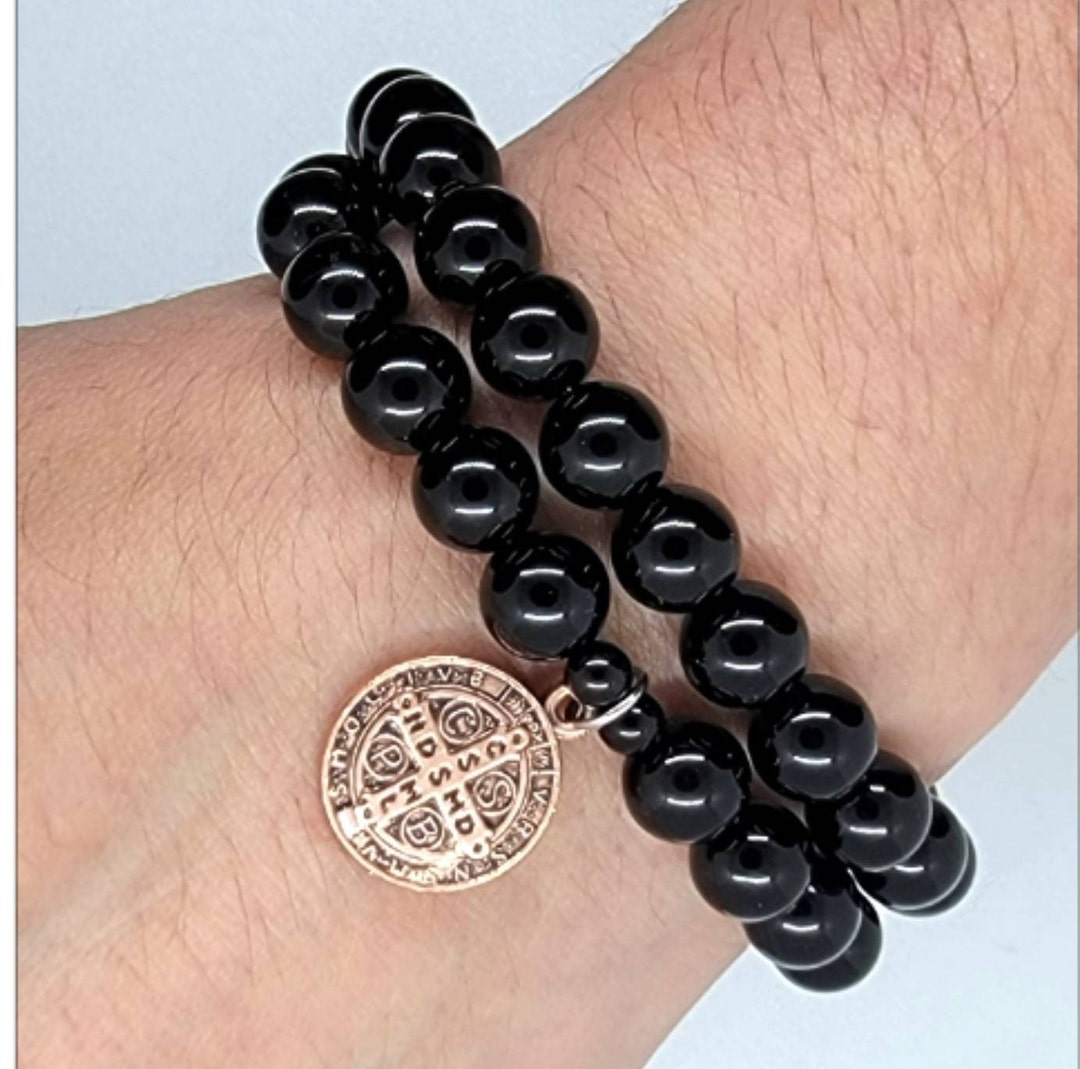 St. Benedict Bronze Medal Double Wrap Bracelet, Protection Mala Bead ...