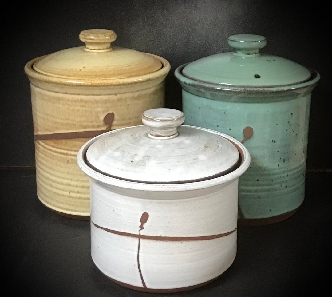 Hand Made Stoneware Canister Set Kitchen Gift Set 3 Pieces With Lids ...