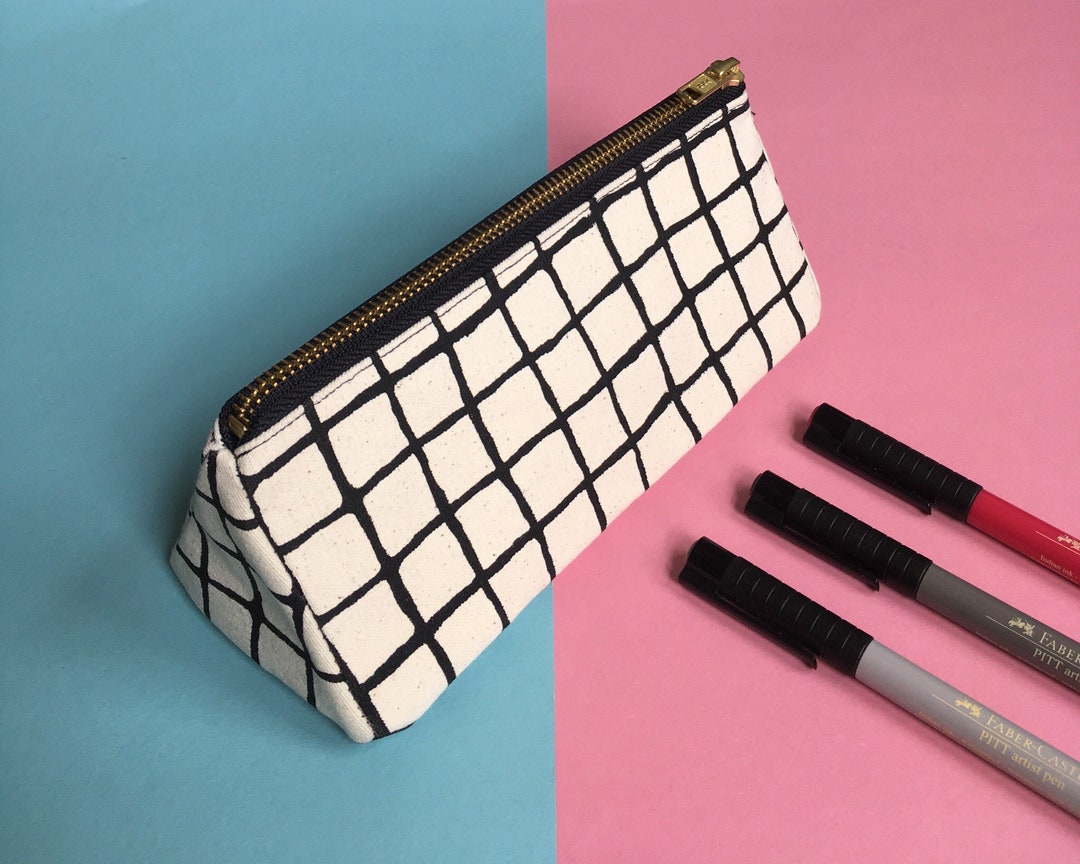 Screen-print Triangle Pencil Case Grid Pattern Zip Pouch - Etsy