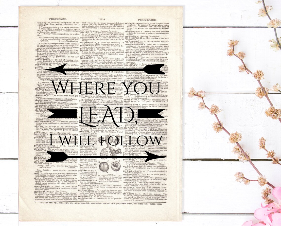 Dictionary Art Print Where You Lead I Will Follow Arrow Decor | Etsy