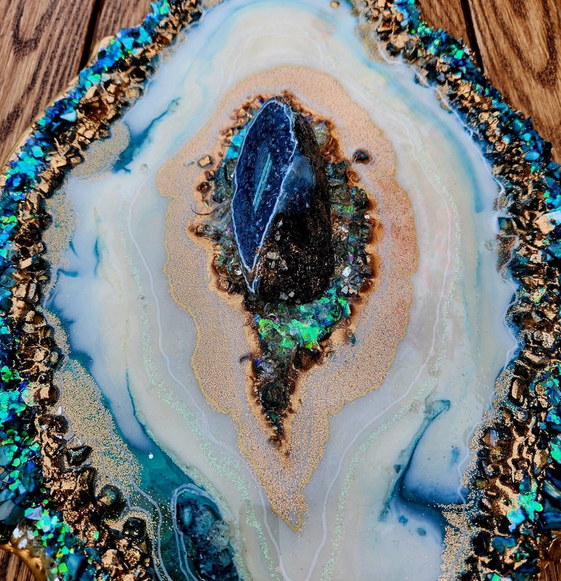 Geode Artwork Epoxy Resin Turquoise Blue Gold Aquamarine - Etsy