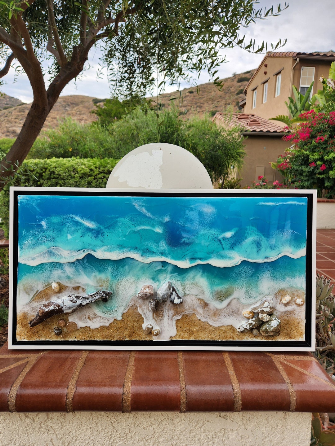 Framed Epoxy Resin Ocean Wave Beach Coast Blue Turquoise Painting ...