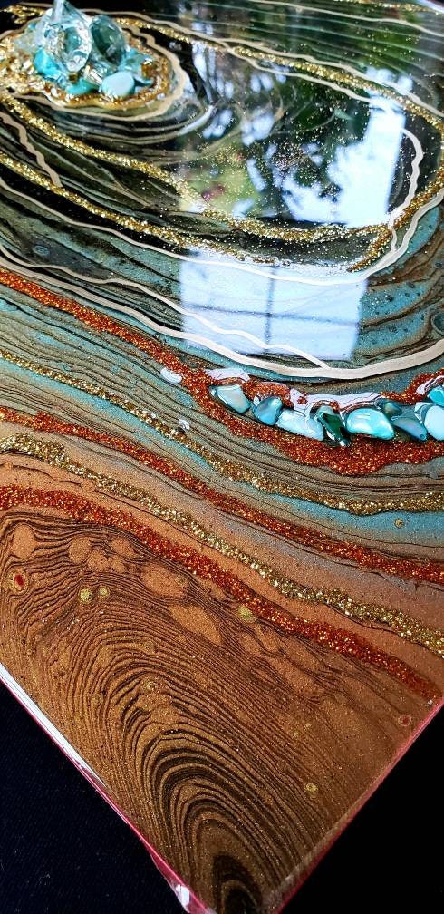 Earth Tones Epoxy Resin Geode Dutch Pour Fluid Acrylics Embellished Art ...