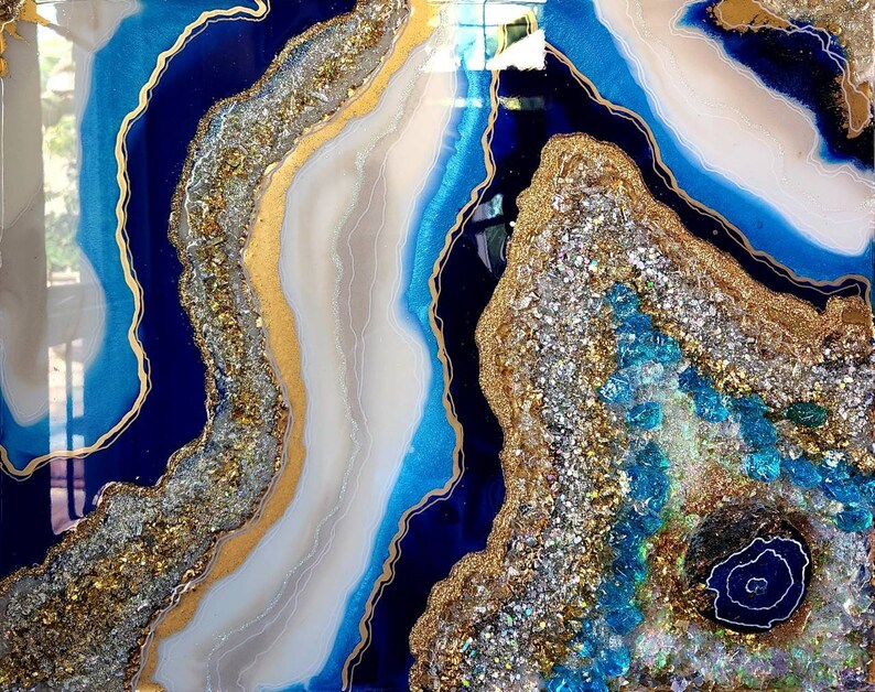 Geode Epoxy Resin Painting Art Framed Blue Sapphire Quartz Glossy ...