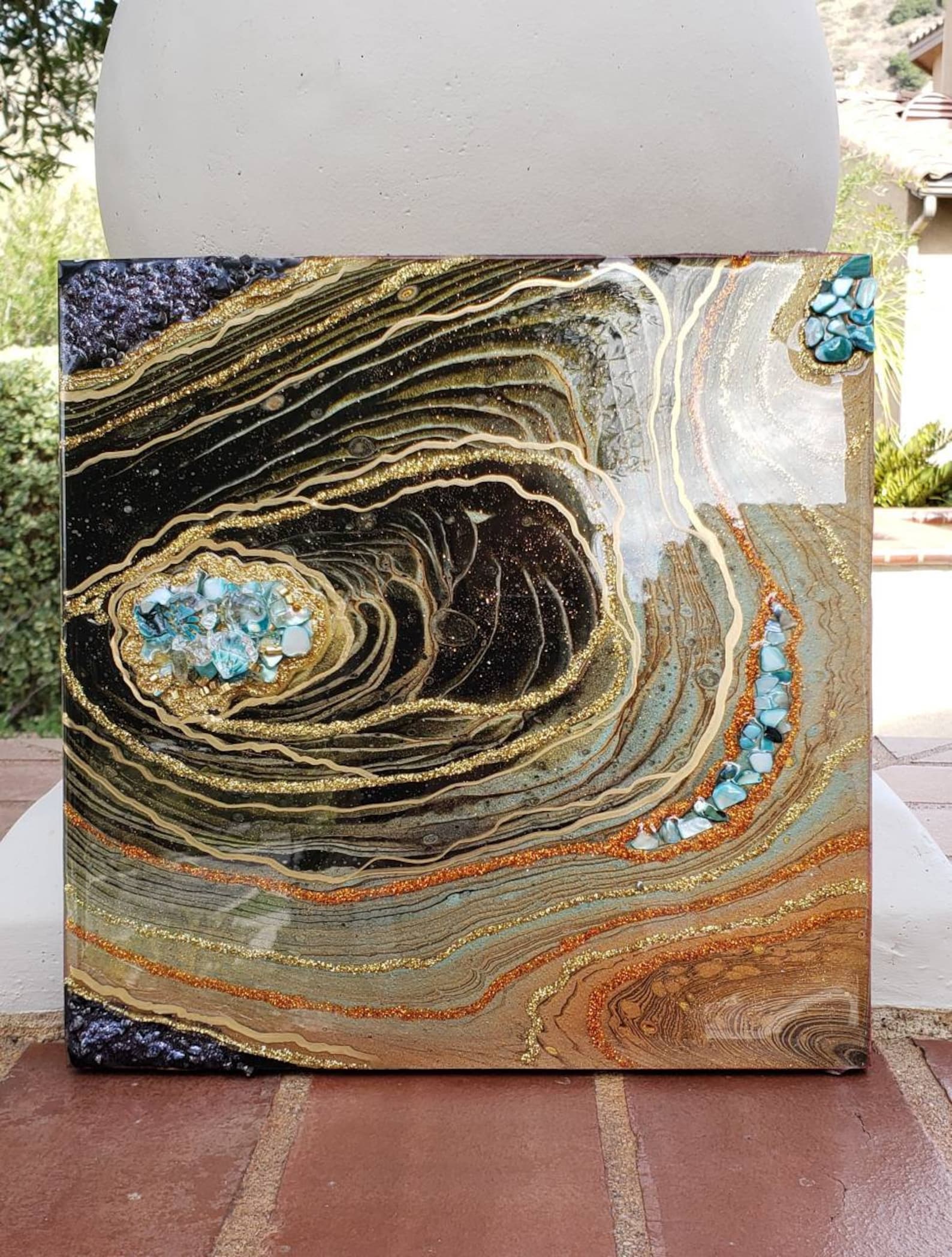 Earth Tones Epoxy Resin Geode Dutch Pour Fluid Acrylics Embellished Art ...