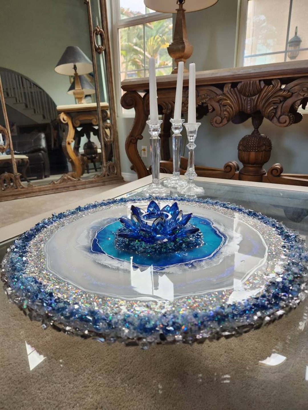 Decorative Tray Geode Blue Sapphire Epoxy Resin Quartz Chrystals Candle ...