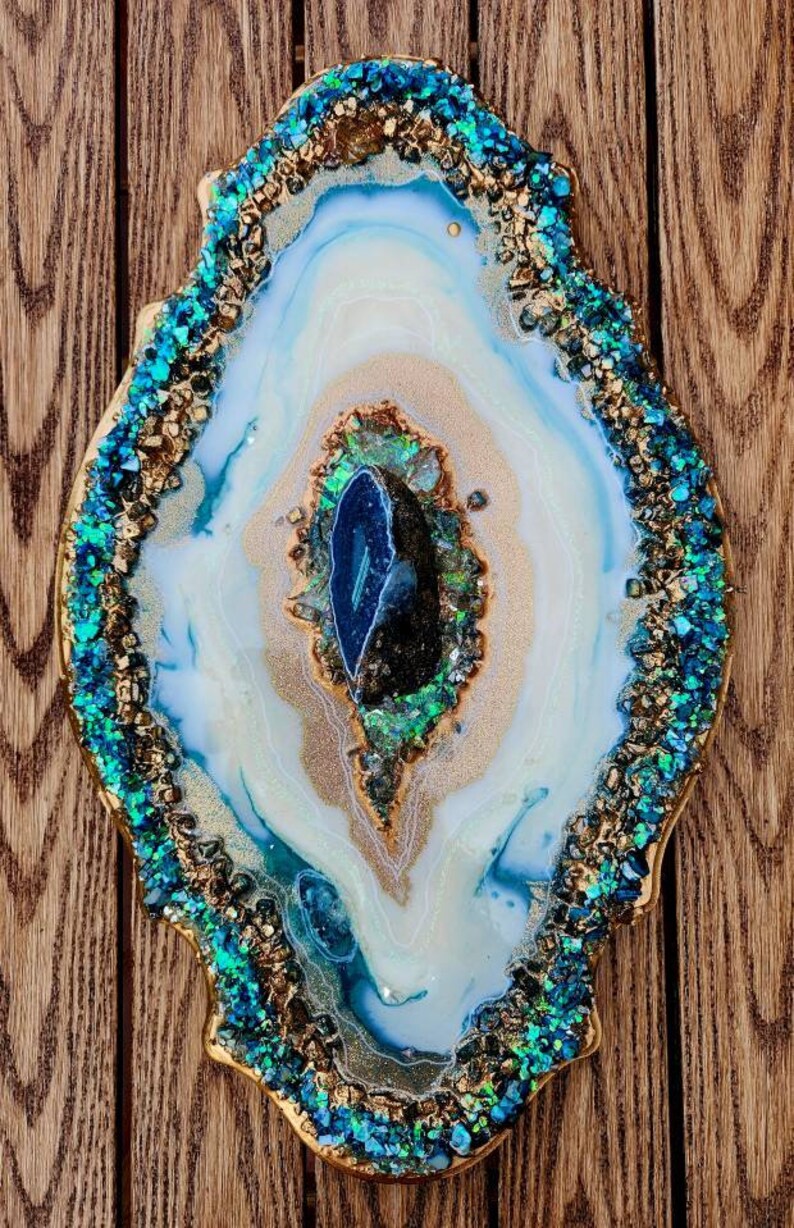 Geode Artwork Epoxy Resin Turquoise Blue Gold Aquamarine - Etsy