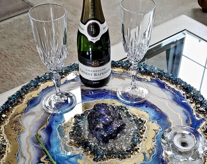 Large Epoxy Resin Serving Tray Round Geode Blue Aquarius Topaz Quartz ...