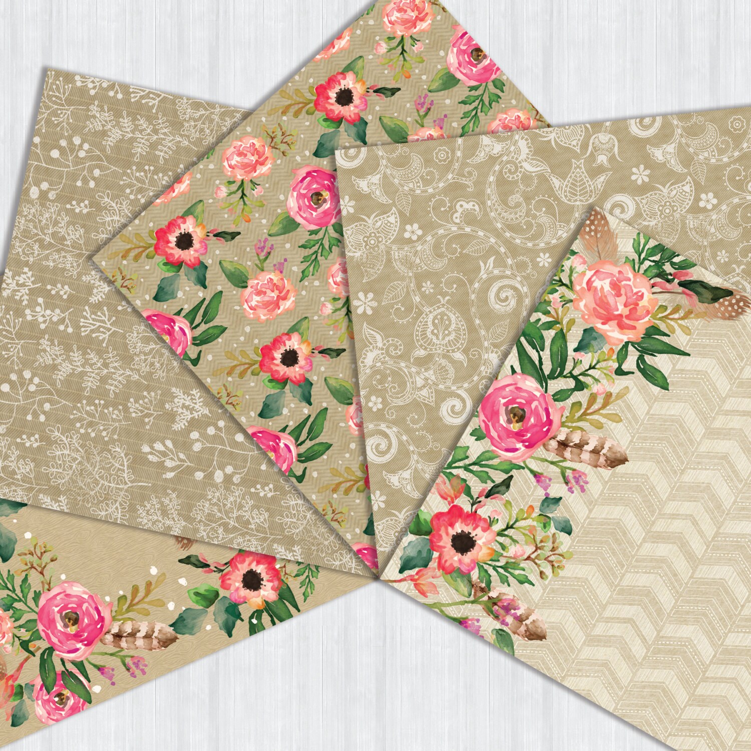 Watercolor Flowers Digital Paper Pack Instant Download Kraft | Etsy