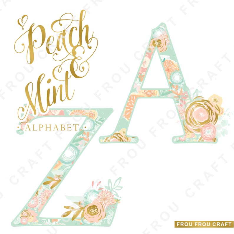 Alphabet Clipart Peach and Mint Flowers A to Z Letters Intant - Etsy