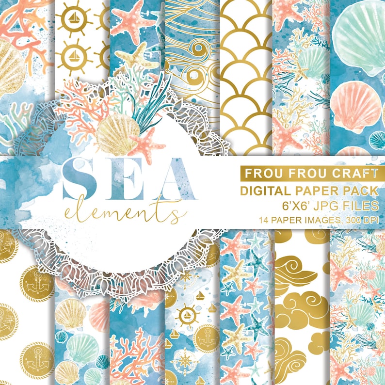 Sea Elements Digital Paper Pattern Instant Download Nautical Navy ...