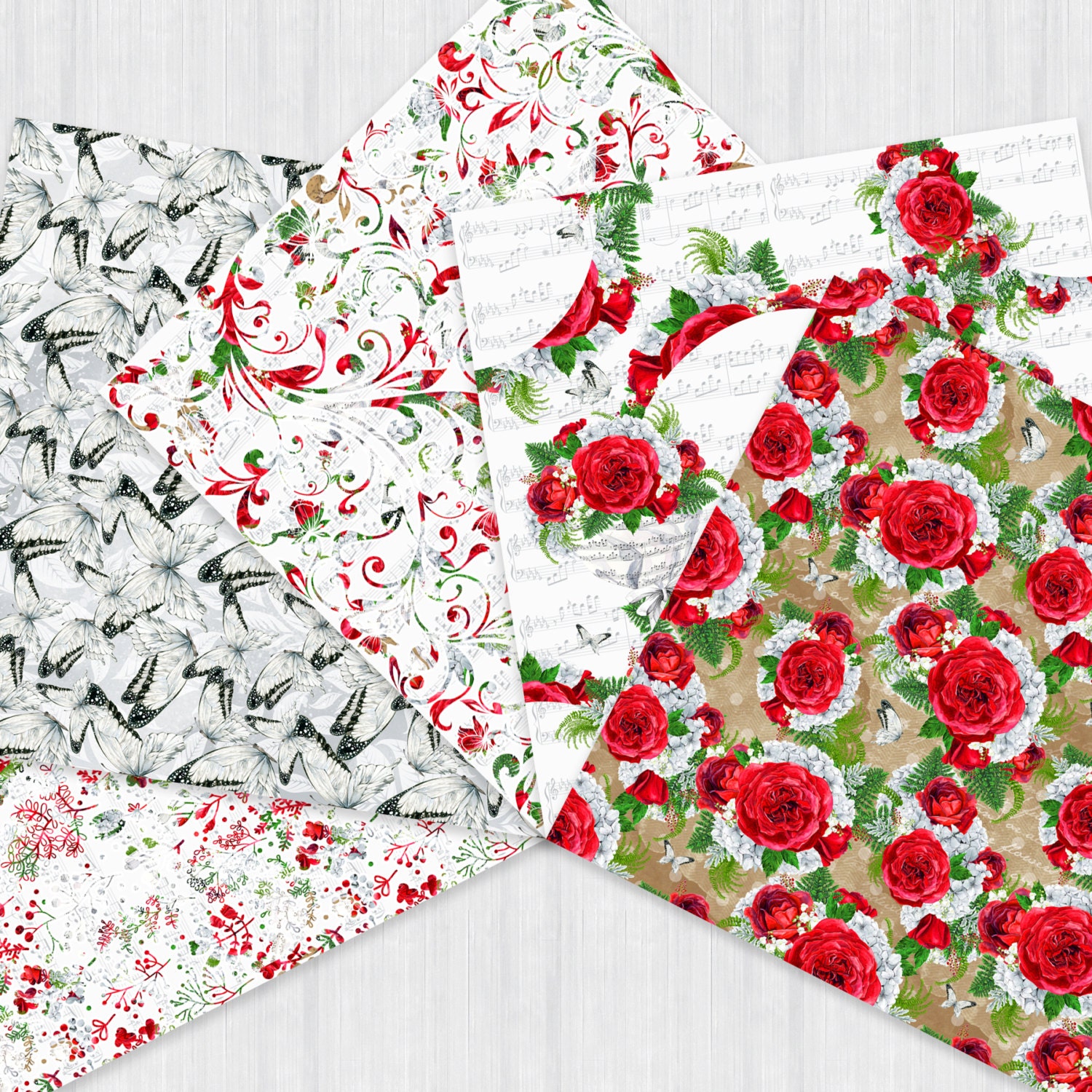 Valentine Paper Pack Red Roses Digital Backgrounds Watercolor Flowers ...