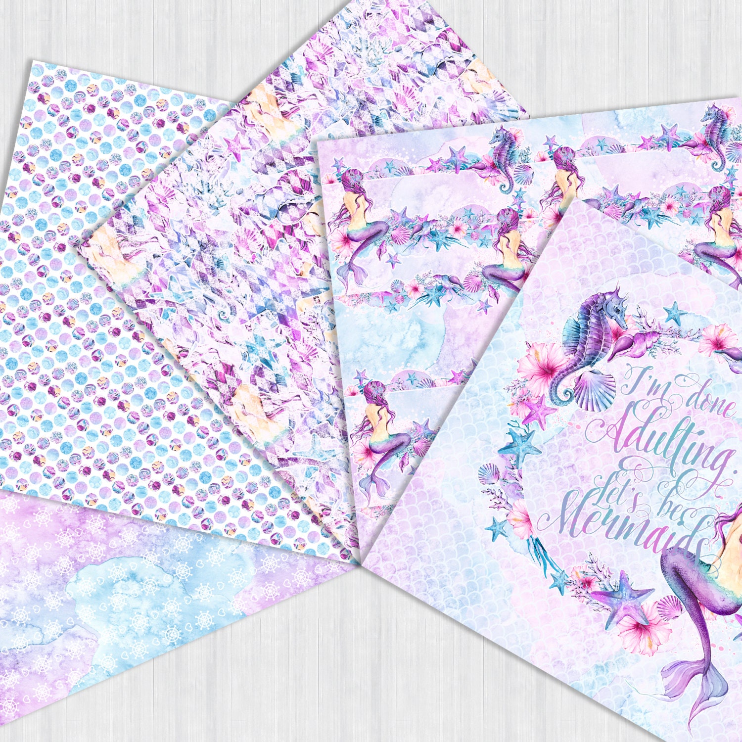 Mermaid Paper Pack Watercolor Sea Scrapbook Underwater - Etsy