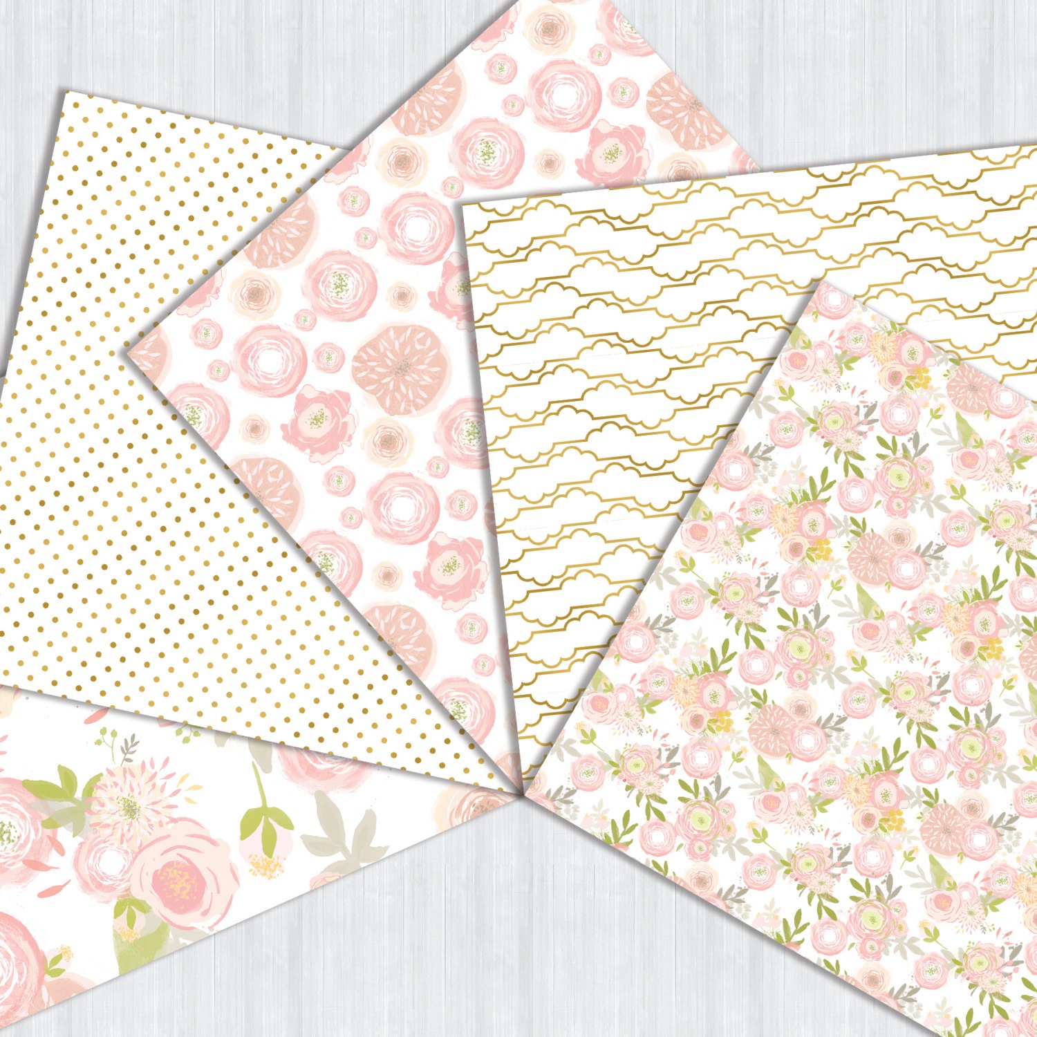 Blush Pink Gold Foil Flowers Digital Paper Pack Instant | Etsy