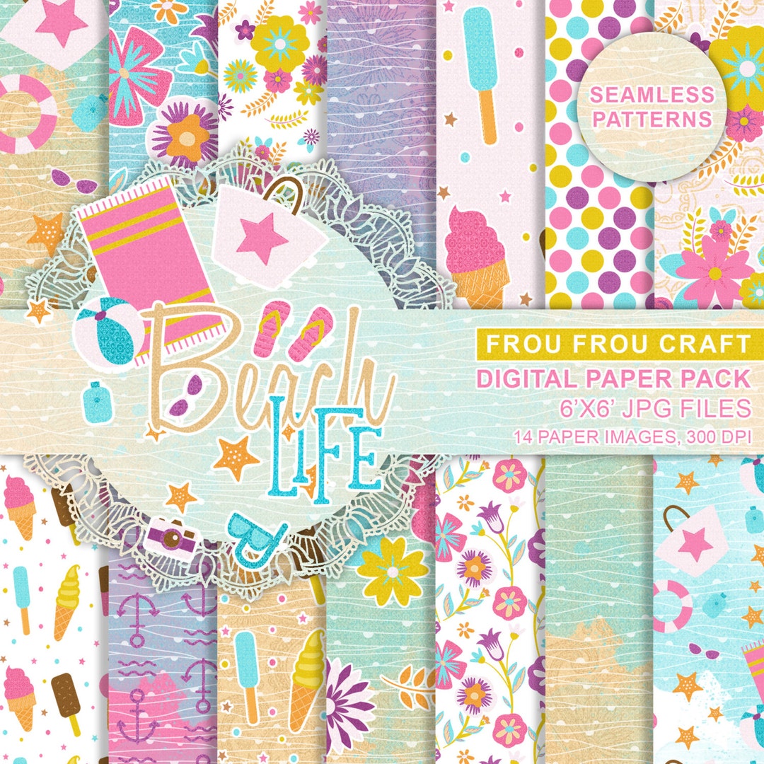 Beach Digital Paper Pack Summer Sea Nautical, Tropical Seamless ...