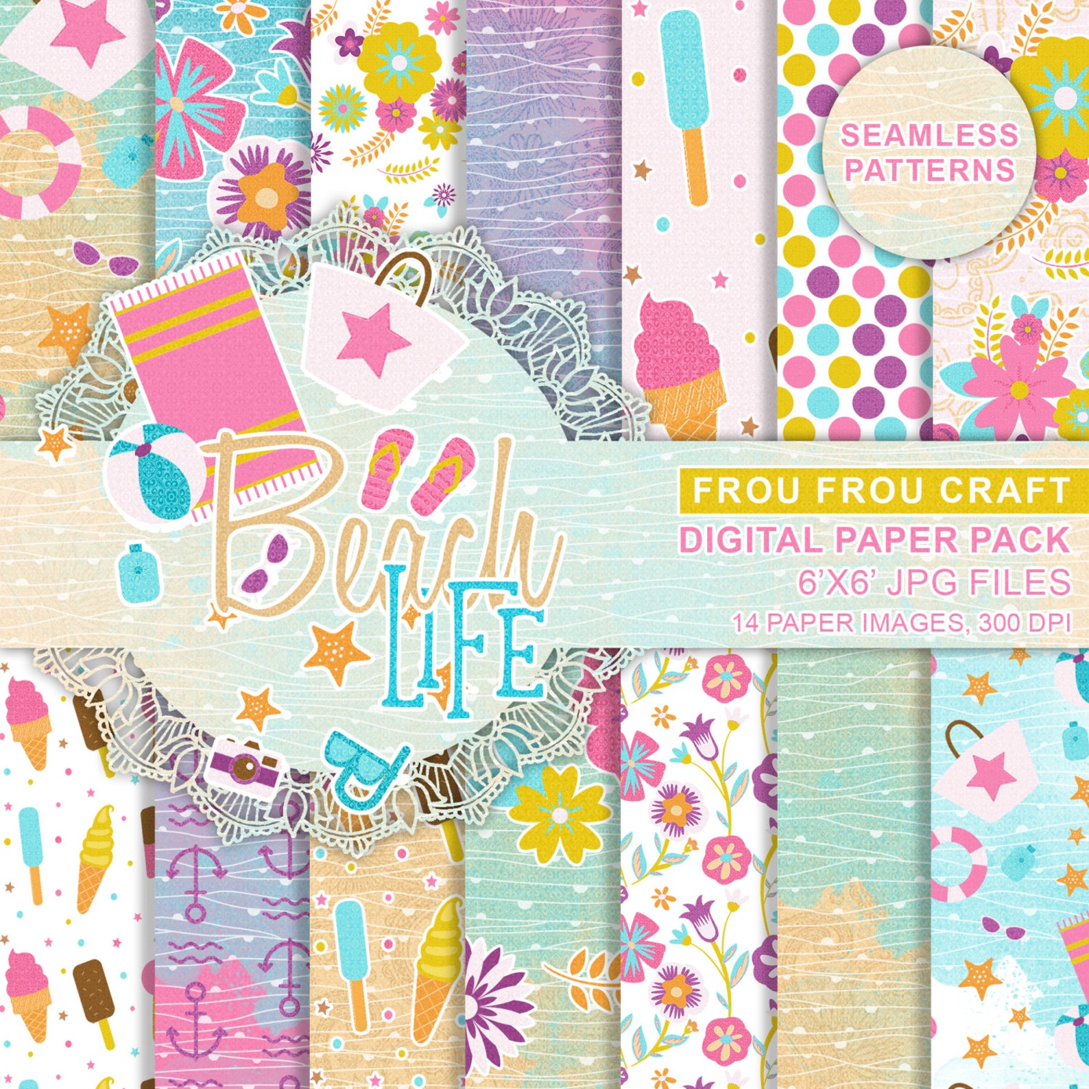 Beach Digital Paper Pack Summer Sea Nautical, Tropical Seamless ...
