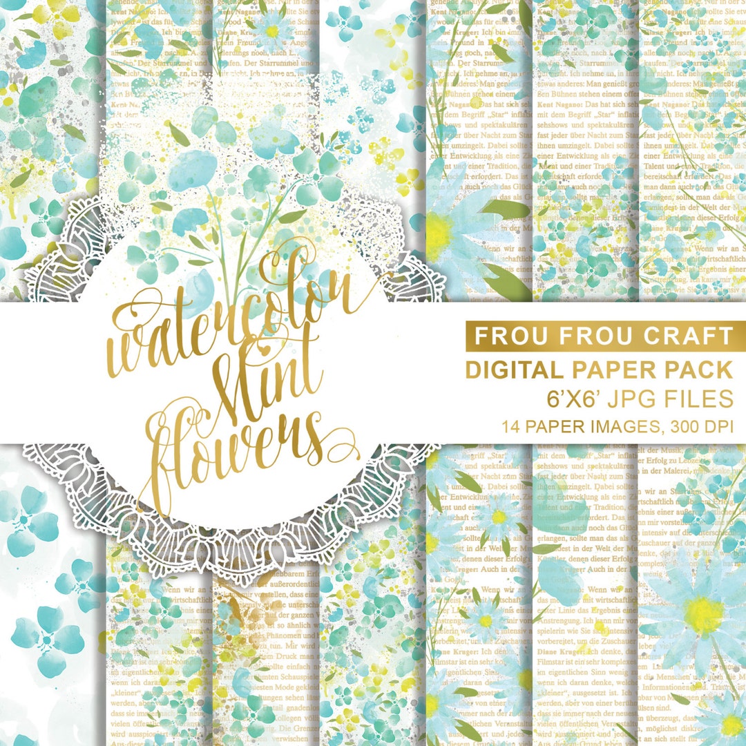 Mint and Gold Watercolor Digital Paper Pack Instant Download Flowers ...