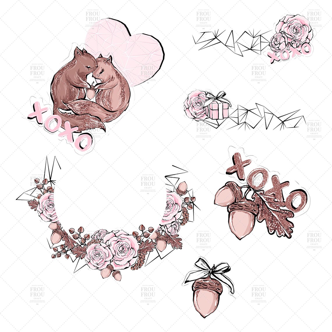 Valentine Clipart, Cute Woodland Pink Glitter Romantic Couple Clip Art ...